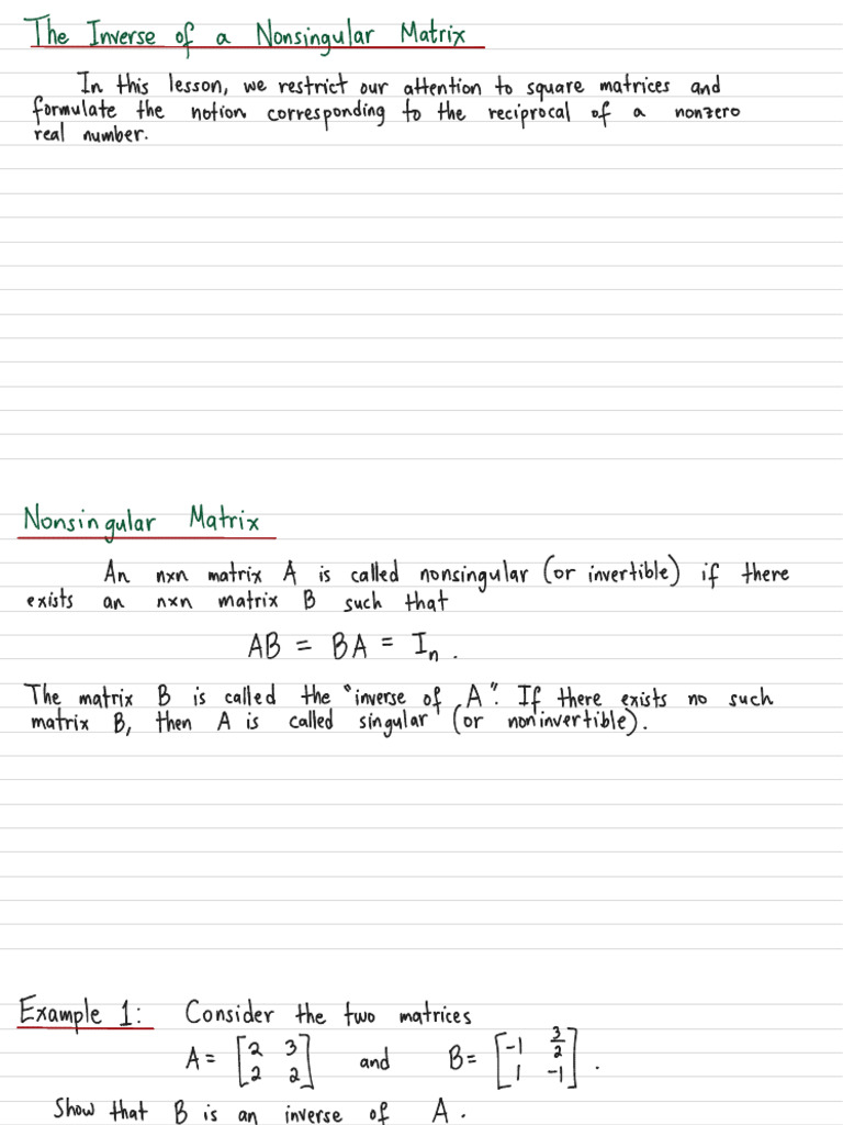 The Inverse of Nonsingular Matrix | PDF