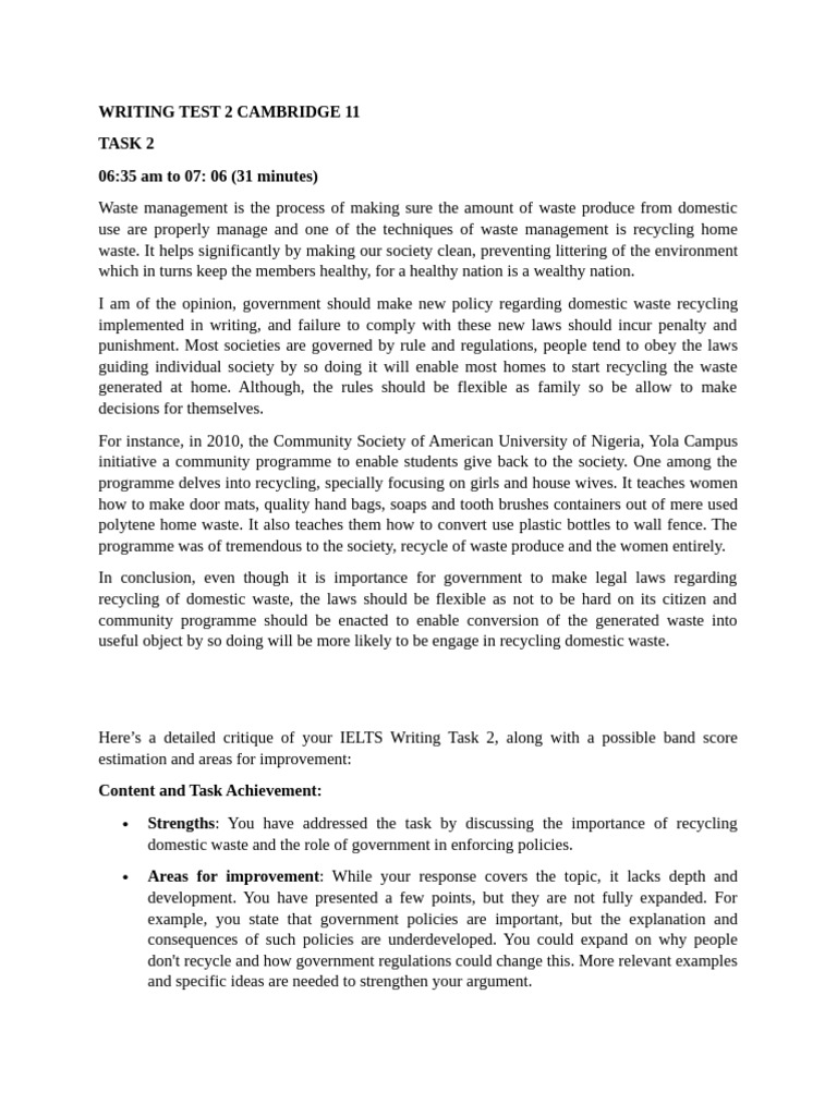 Writing Test 2 Cambridge 11 | PDF | Recycling | Syntax