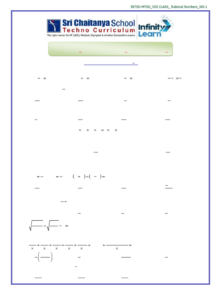 INTSO-MTSO - VIII CLASS - Rational Numbers - WS-1 - QP | PDF | Numbers ...