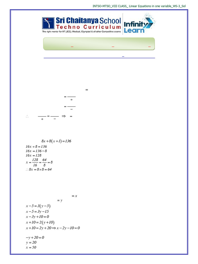 INTSO-MTSO - VIII CLASS - Linear Equations in One Variable - WS-3 - Sol | PDF | Speed | Equations