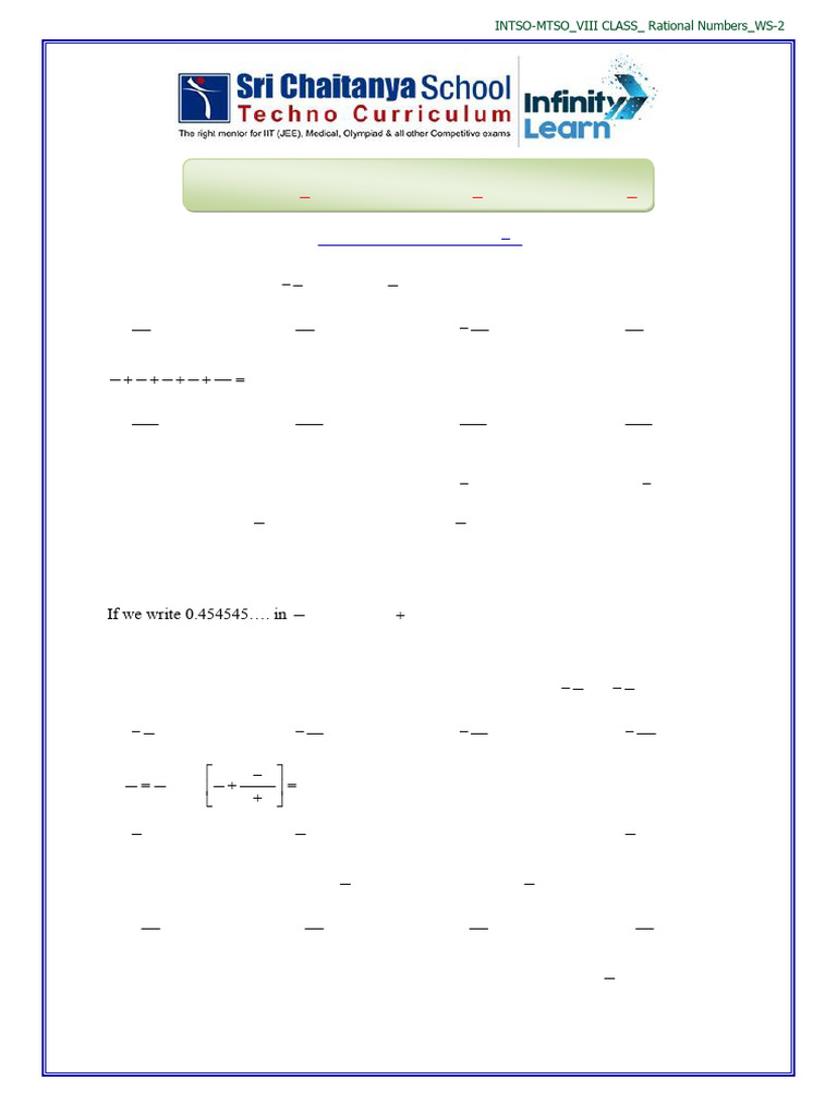 INTSO-MTSO - VIII CLASS - Rational Numbers - WS-2 - QP | PDF | Mathematical Concepts ...