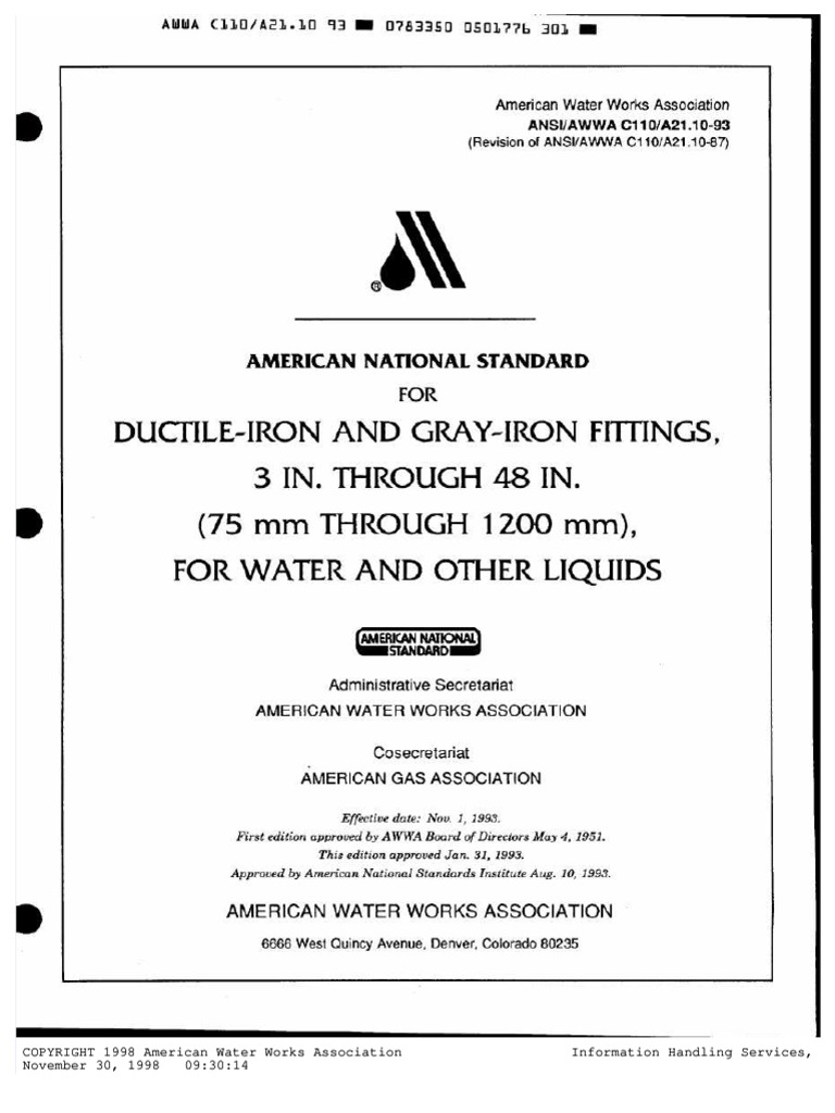 AWWA C110-1993 - Ductile Gray Iron Fittings | PDF | Water Supply And ...