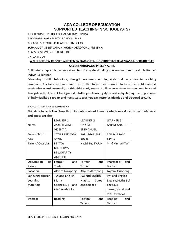 Child Study Report Written by Darko Fening Christian | PDF | Learning ...