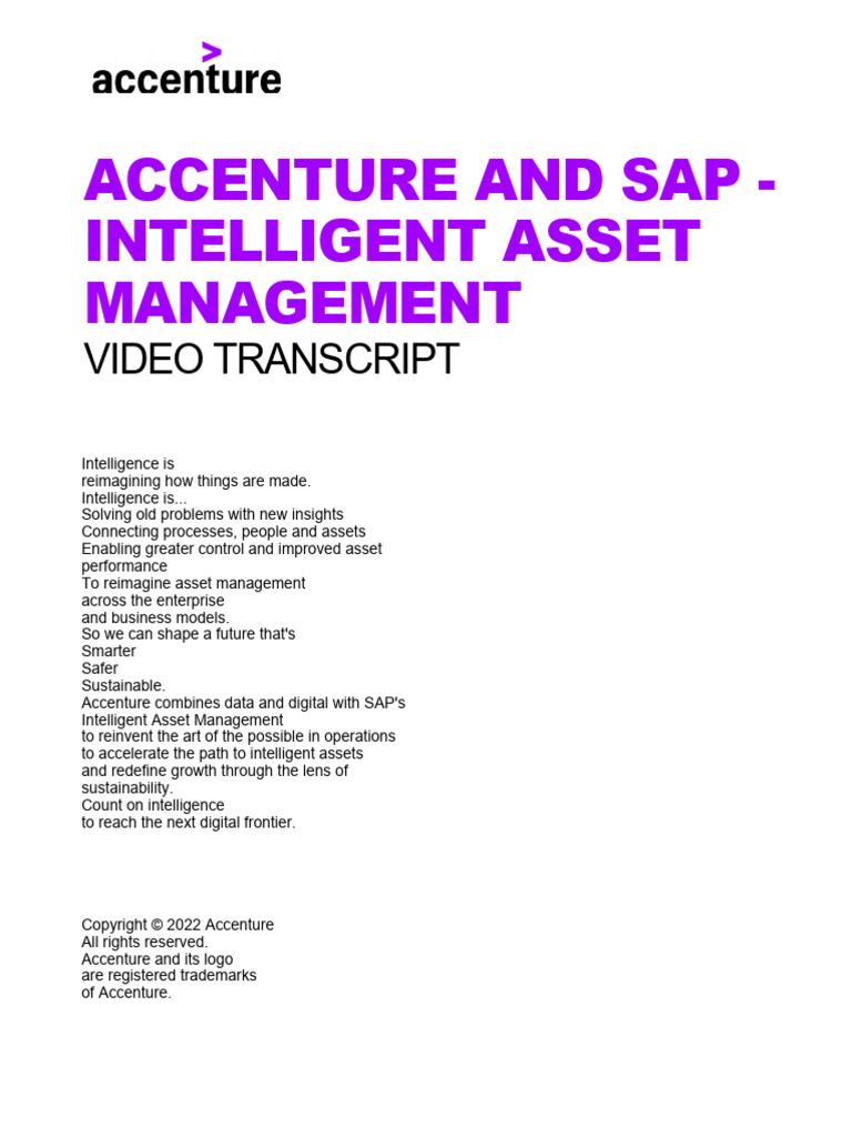Accenture and Sap Intelligent Asset Management Video Transcript 1 | PDF