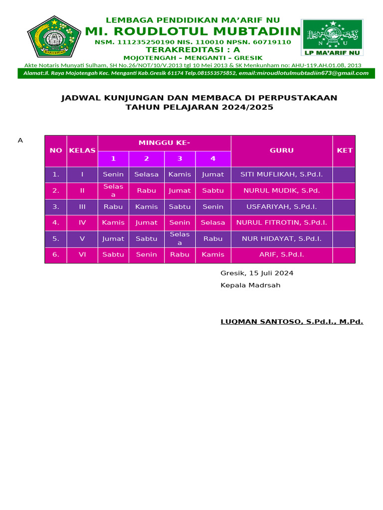 Jadwal Kunjungan Perpustakaan | PDF