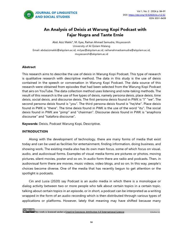 Analysis of Deixis at Warung Kopi Podcast With Faj | PDF | Linguistics ...