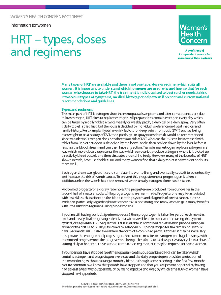 27 WHC FACTSHEET HRT Doses NOV2022 A 1 | PDF | Hormone Replacement ...