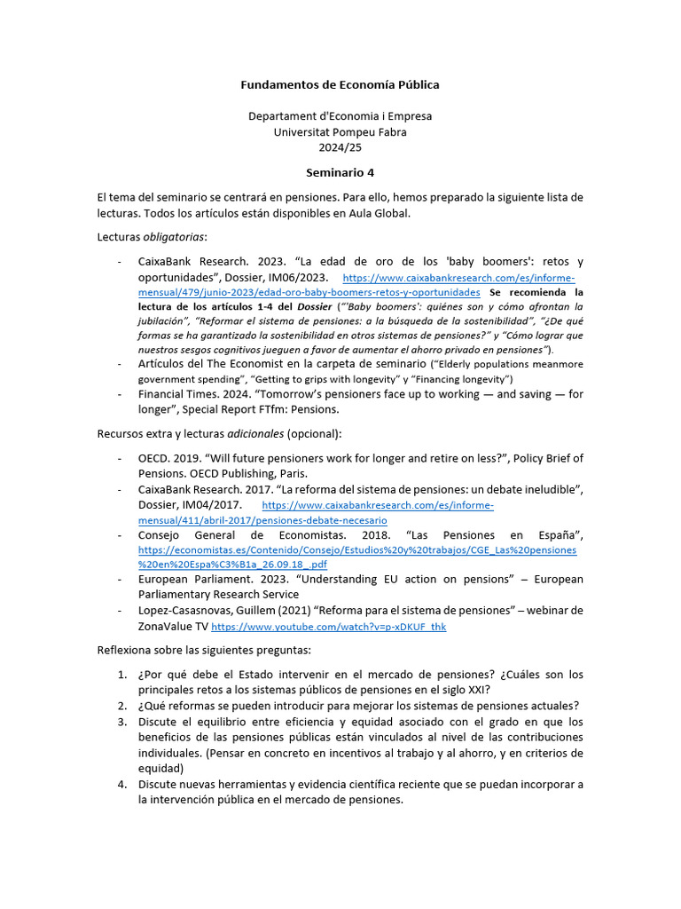 UPF FEP 2024 25 Seminario4 | PDF | Pensión | Sector privado