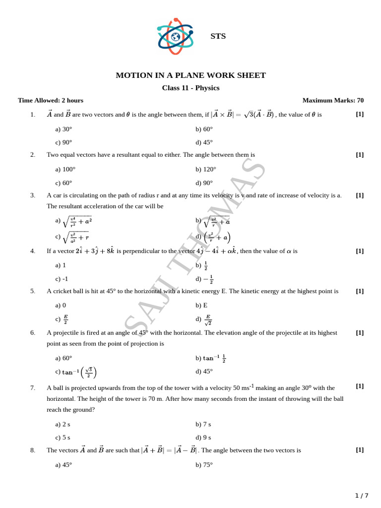 Motion in A Plane Work Sheet | PDF | Mechanical Engineering | Dynamics (Mechanics)