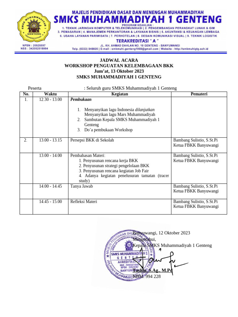 13 Oktober - Jadwal Acara WORKSHOP PENGUATAN KELEMBAGAAN BKK | PDF