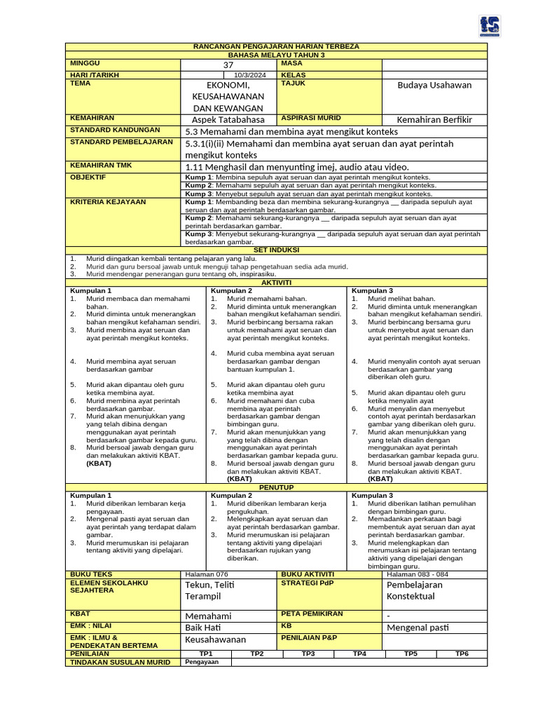 RPH Terbeza Minggu 37 Bahasa Melayu Tahun 3 by Ckgu Gorgeous | PDF