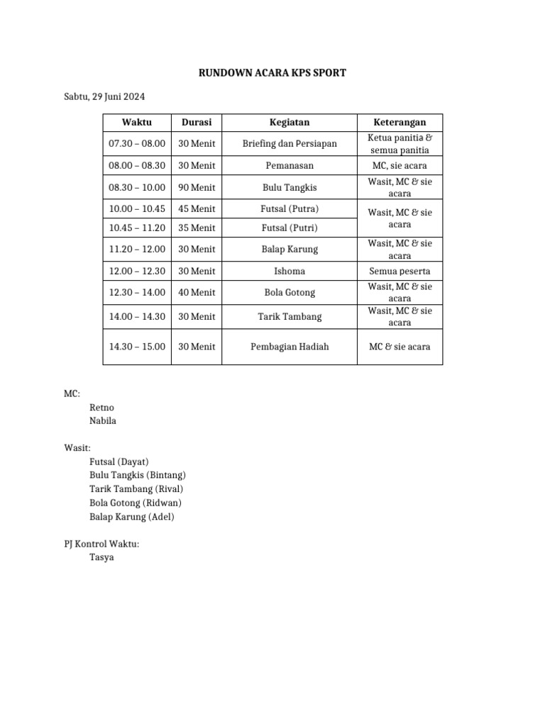 Rundown Acara KPS Sport 2024 | PDF