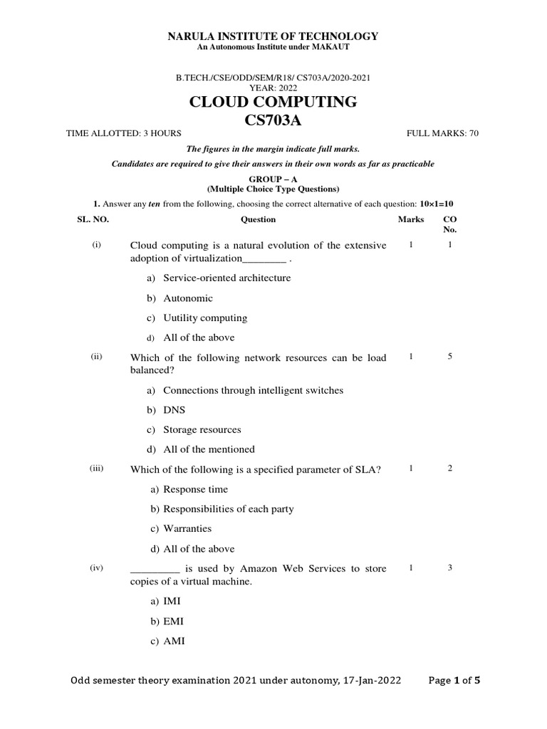 Cloud Computing CS703A: Narula Institute of Technology | PDF | Cloud ...