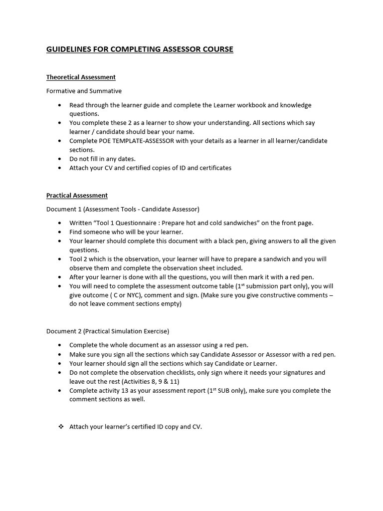 POE COMPLETION GUIDELINES Up To Practical Assignment 1 - Assessors Course | PDF | Career ...