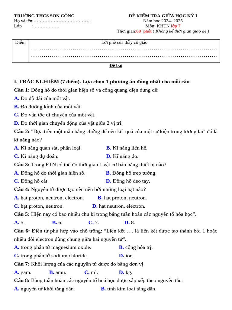 ĐỀ THI HK1 KHTN7 24-25 | PDF