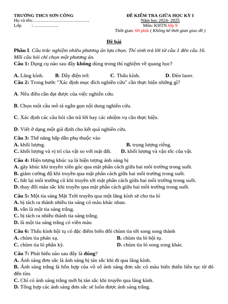 ĐỀ THI GK1 KHTN9 24-25 | PDF