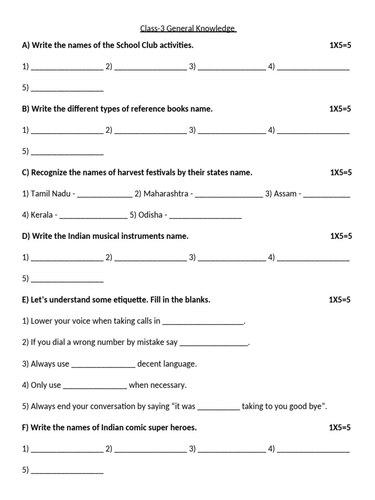 Class 3 General Knowledge Workbook | PDF