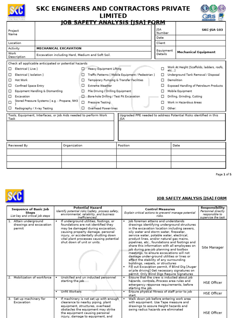 Mechanical Excavation Job Safety Analysis | PDF | Occupational Safety ...