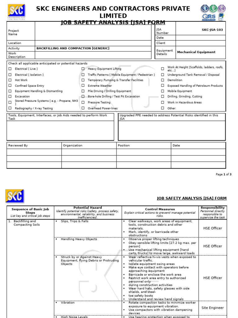 SKC-SOP-HS-JSA-0333 - Backfilling and Compaction | PDF | Noise | Safety