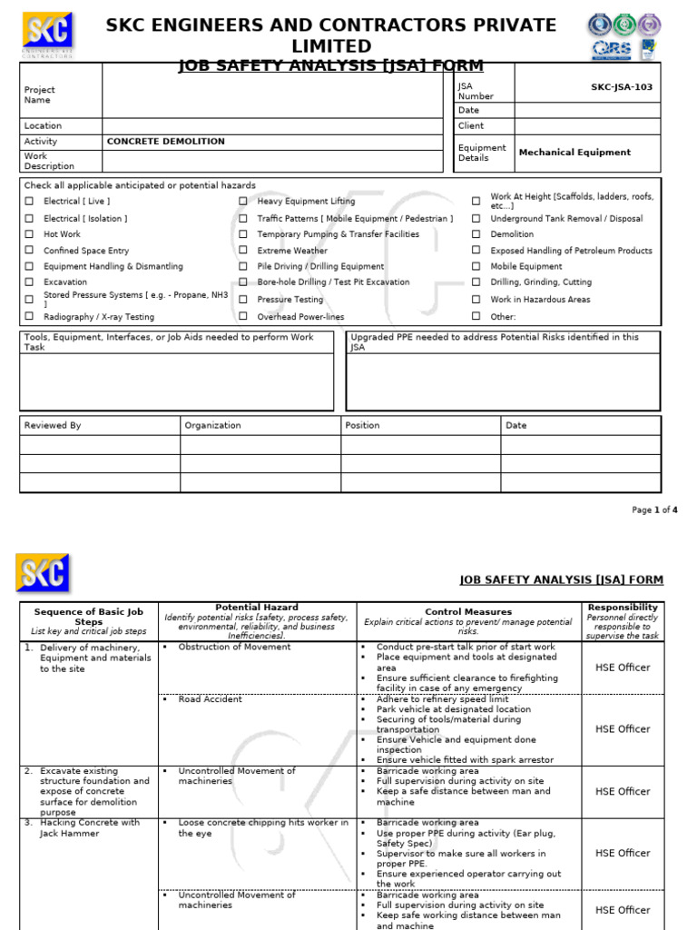 Concrete Demolition JSA Guide | PDF | Safety