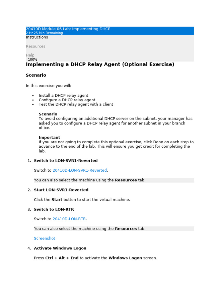 Implementing DHCP Relay Agent Lab | PDF | Ip Address | Computer Network