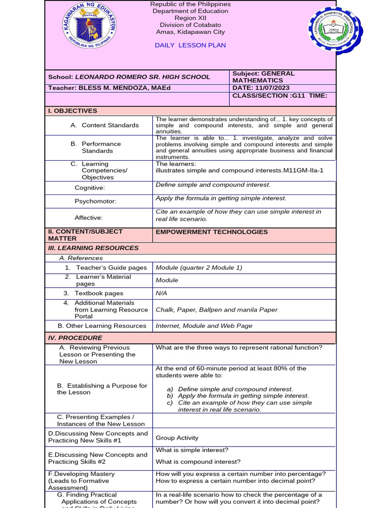Gen Math DLP Q2 - 1 | PDF | Learning | Mathematics