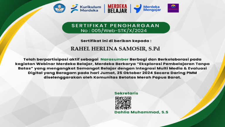 Sertifikat Narasumber-Rahel Herlina Samosir | PDF