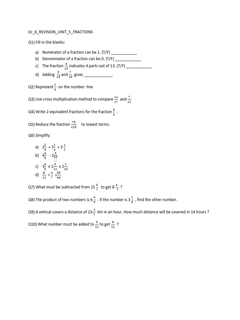 Grade 6 Fraction Revision Exercises | PDF