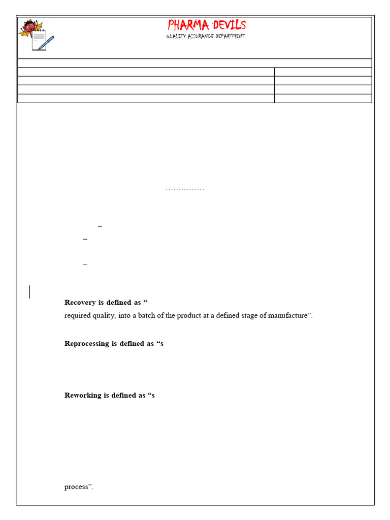 SOP For Procedure For Recovery and Reprocessing | PDF | Quality Assurance