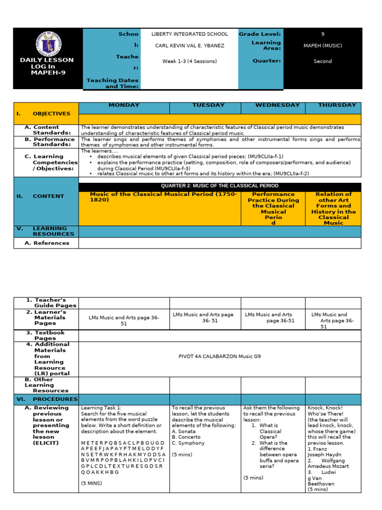 q2 DLL Music 9 Week1 3 DLL | PDF | Wolfgang Amadeus Mozart | Classical Period (Music)