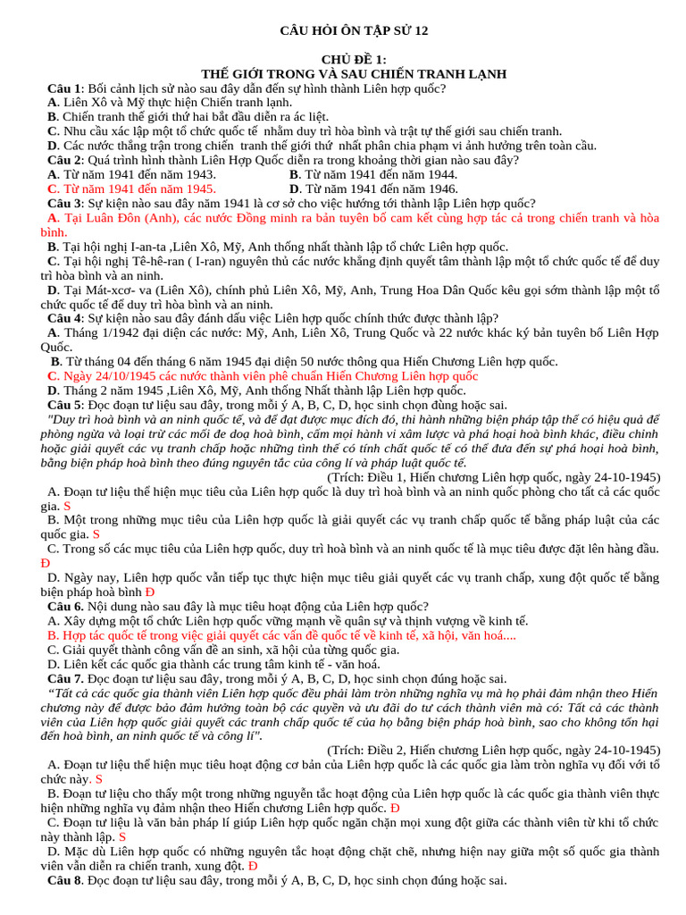 CÂU HỎI ÔN TẬP GKI SỬ 12 | PDF