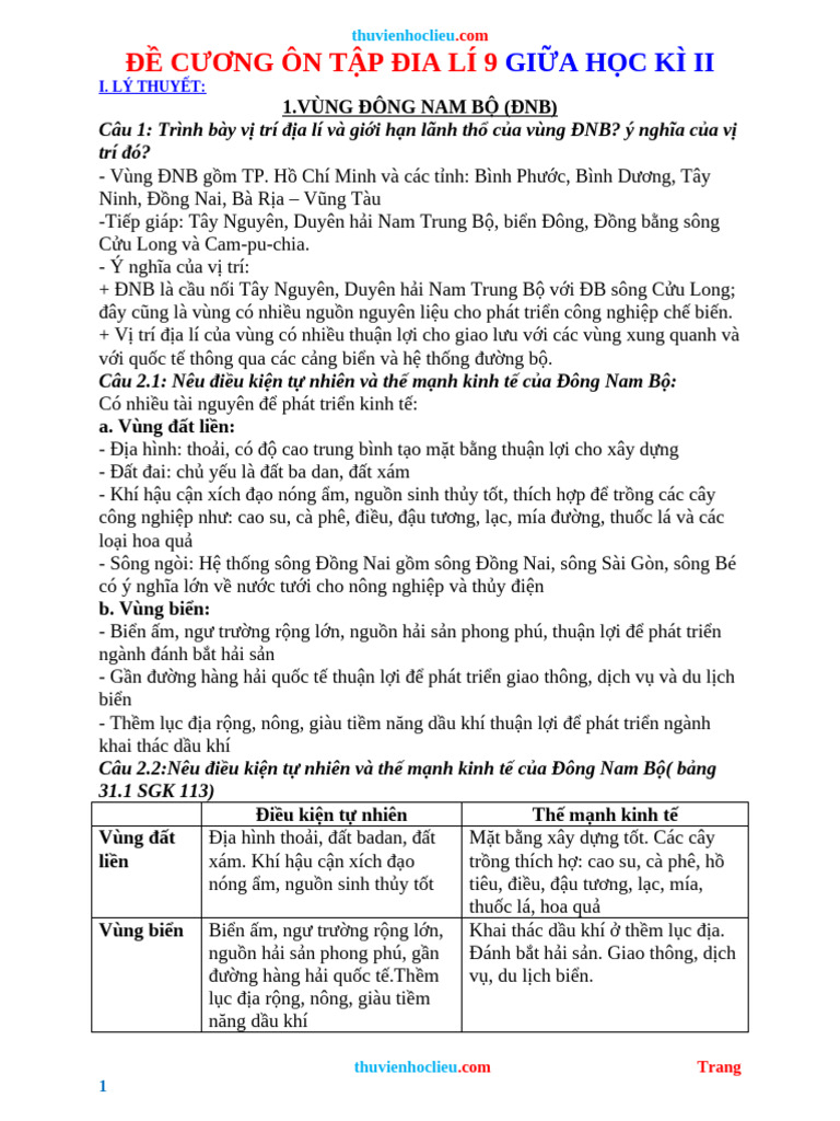 De Cuong On Tap Dia 9 Giua HK2 | PDF