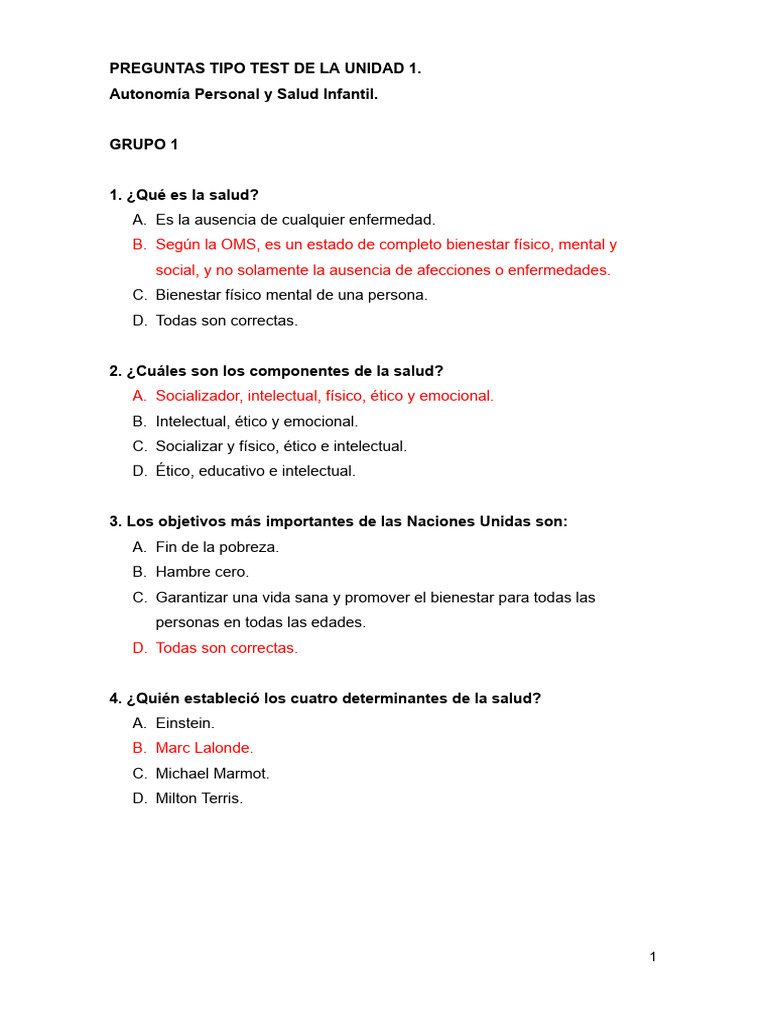 Test Unidad 1 | PDF | Educación para la salud | Especialidades Medicas