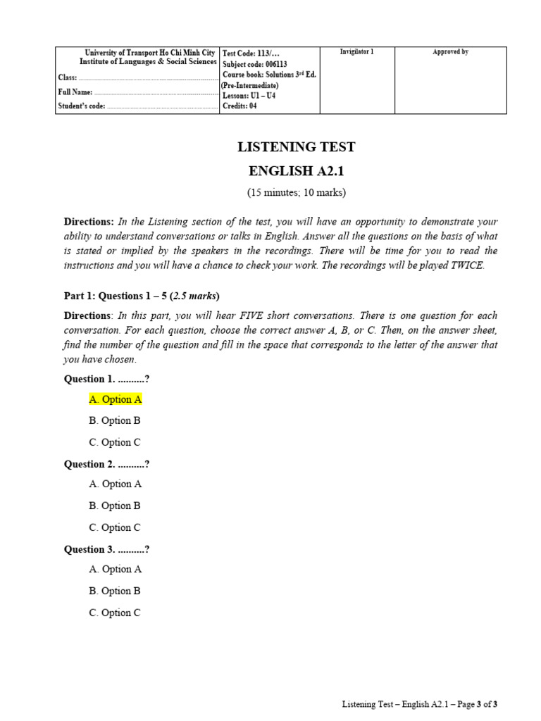 English A2.1 Listening Test Guide | PDF | Human Communication | Linguistics
