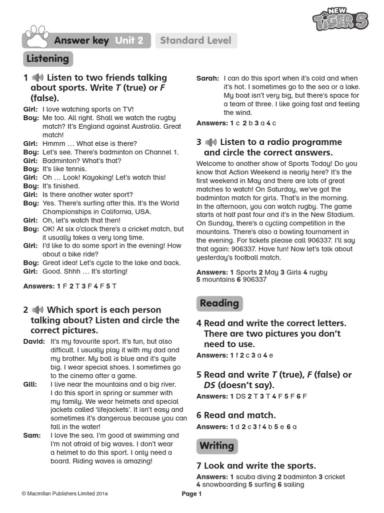 Level 5 Topic 5 Sports Worksheet 1 Answer Key | PDF | Sports ...