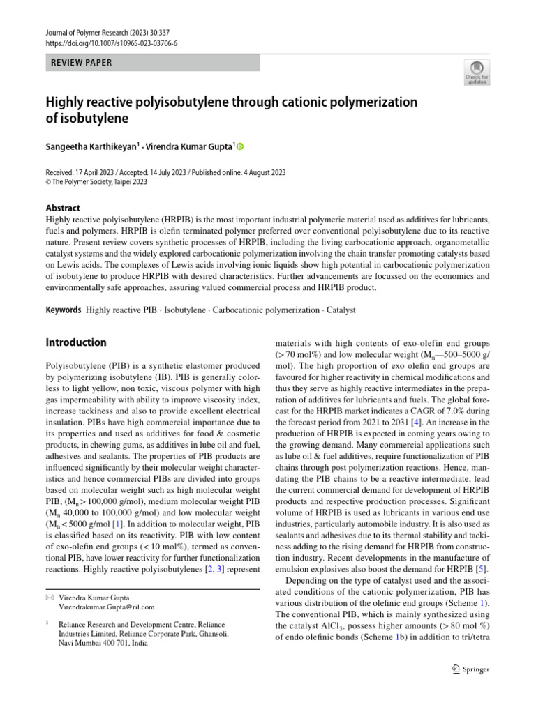 Advances in Highly Reactive Polyisobutylene | PDF | Polymerization ...