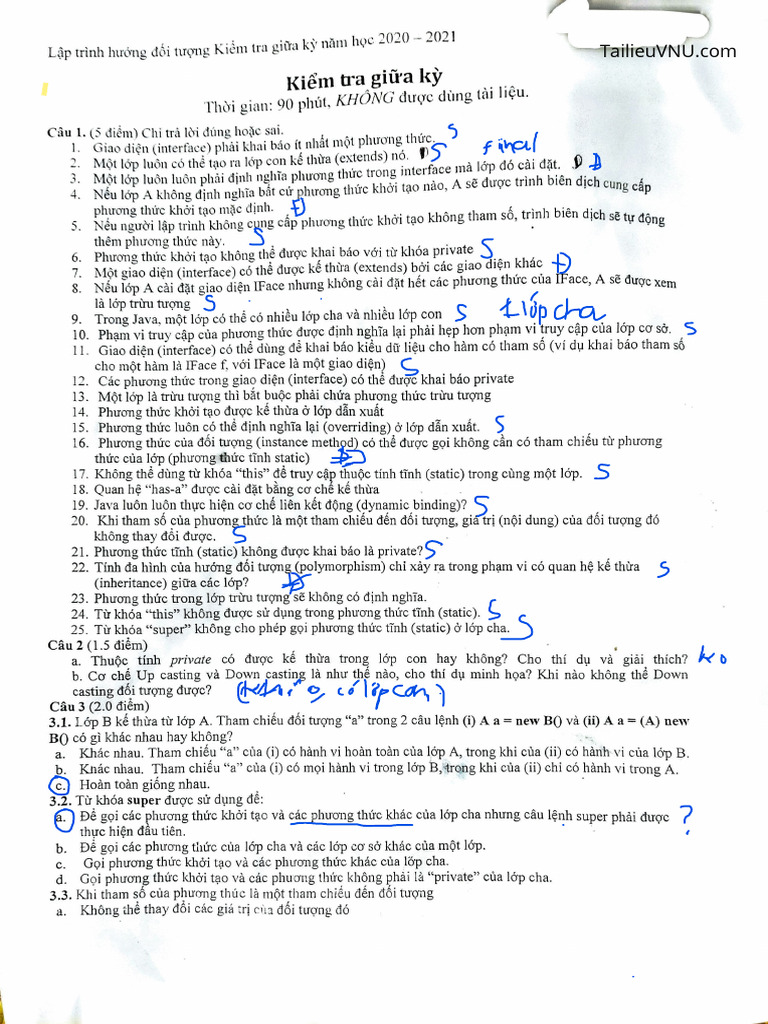 Đề thi Lập trình hướng đối tượng (OOP) giữa kì 1 năm học 2020-2021 - UET | PDF