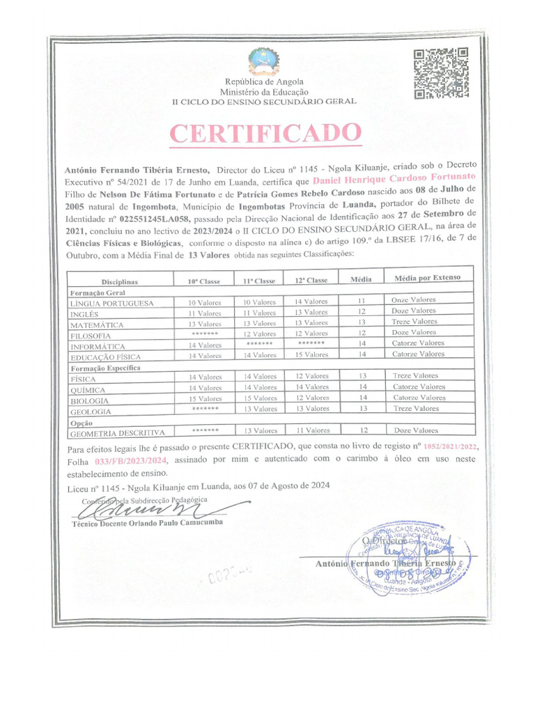 Certificado 12 Classe | PDF