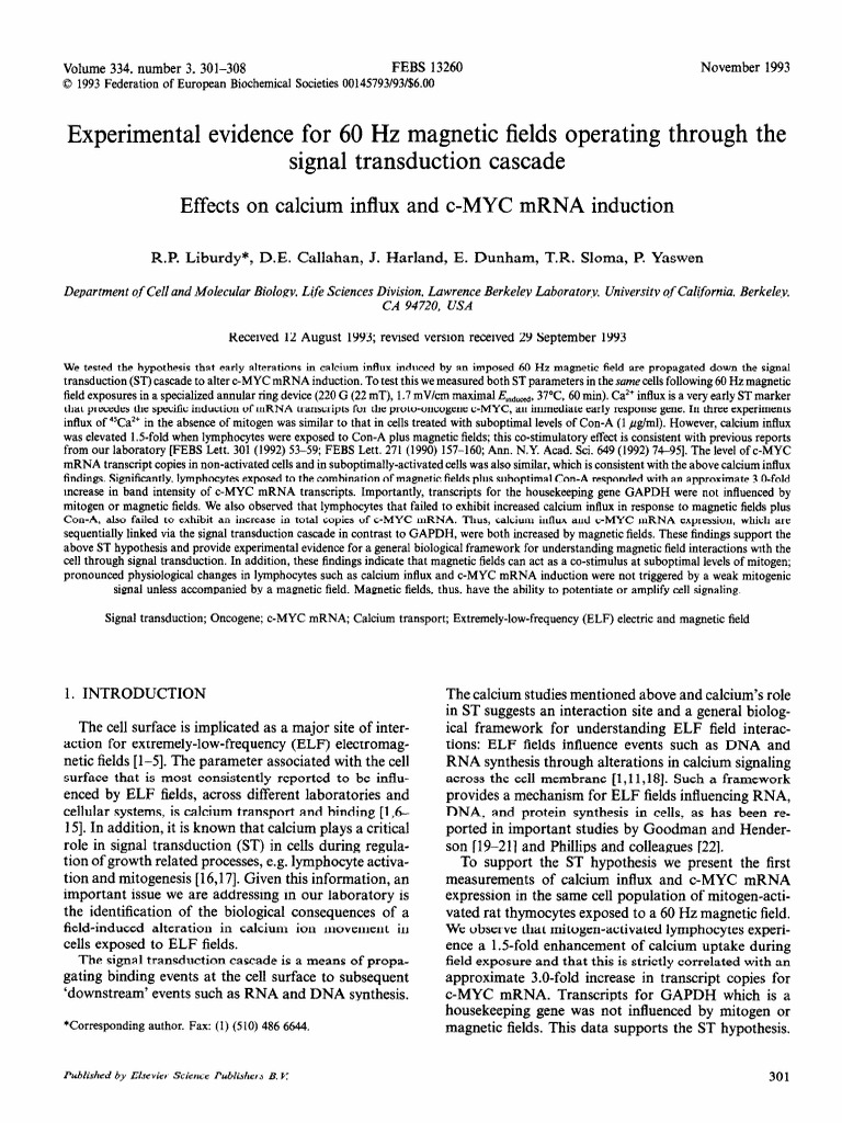 Experimental Evidence For 60 HZ Magnetic Fields Operating Through The Signal Transduction ...