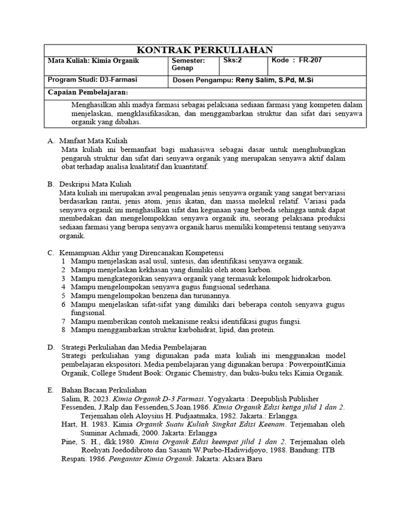 Kontrak Perkuliahan Kimia Organik D3 | PDF