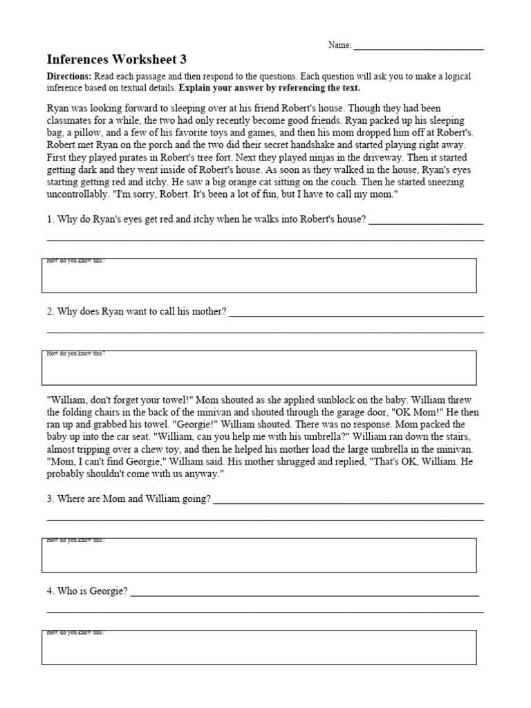 Inferences Worksheet with Questions | PDF