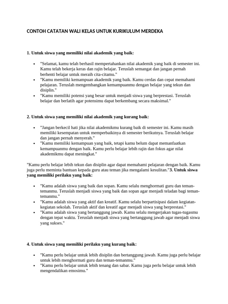 Contoh Catatan Wali Kelas Kurikulum Merdeka | PDF