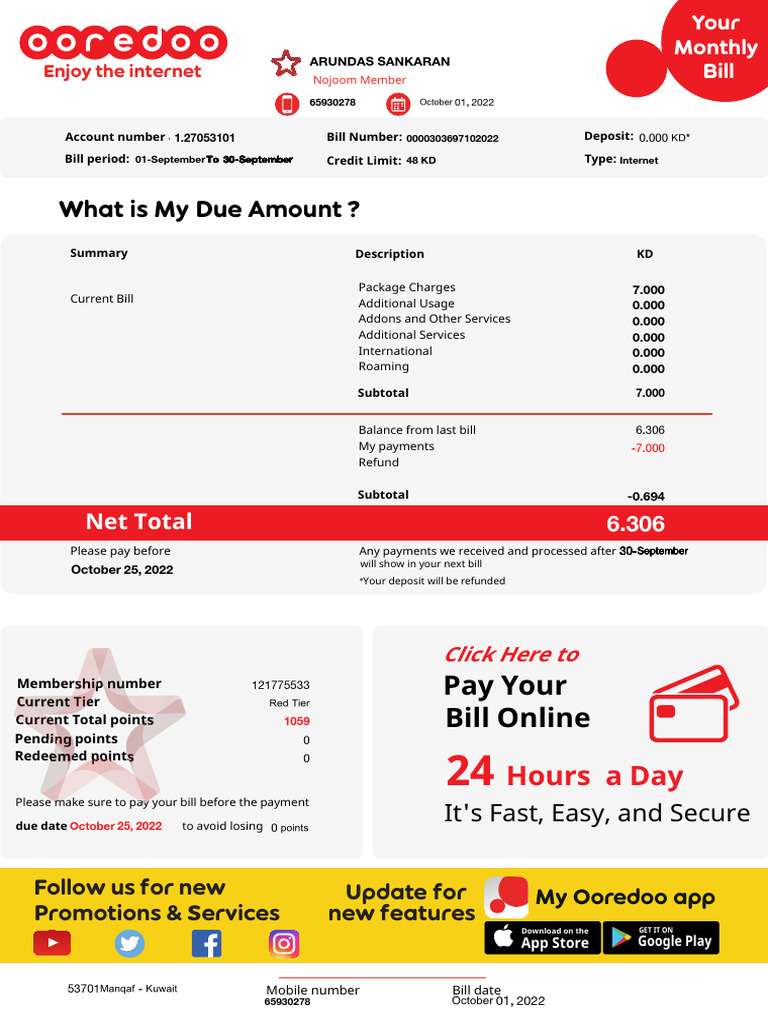Ooredoo Kuwait Monthly Bill Details | PDF | Google Play | Mobile App