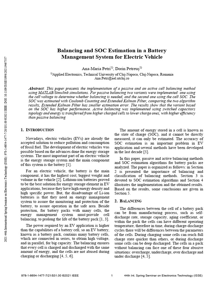 Battery Balancing and SOC Estimation in EVs | PDF | Electric Vehicle ...