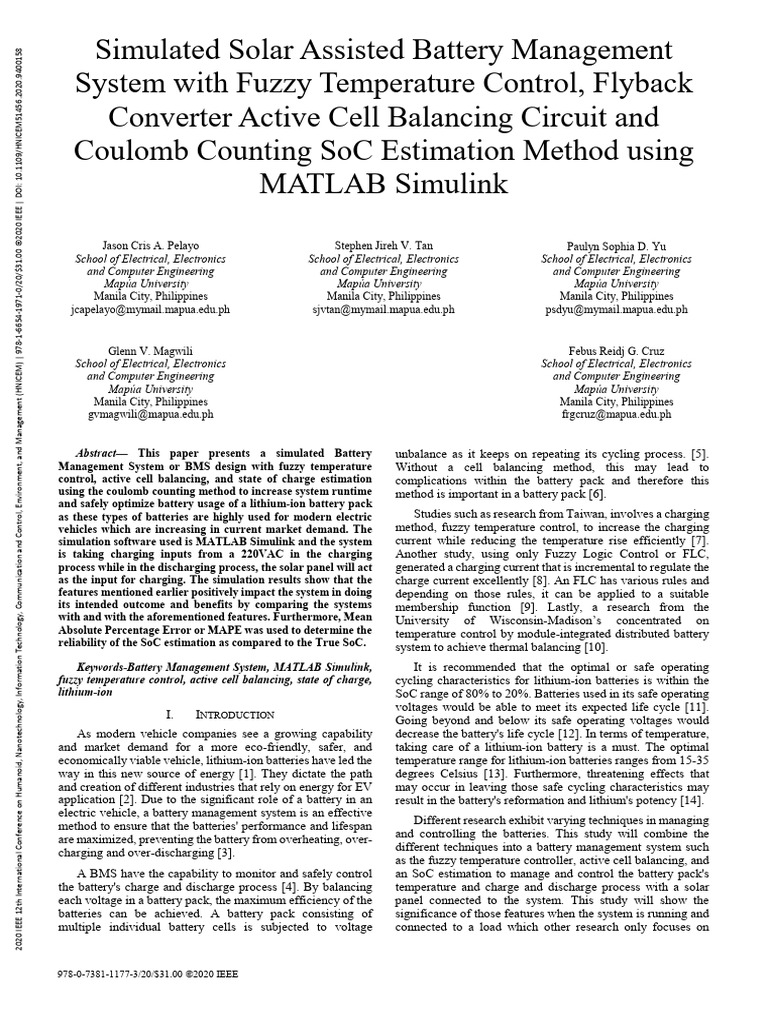 Simulated Solar Assisted Battery Management System With Fuzzy Temperature Control Flyback ...