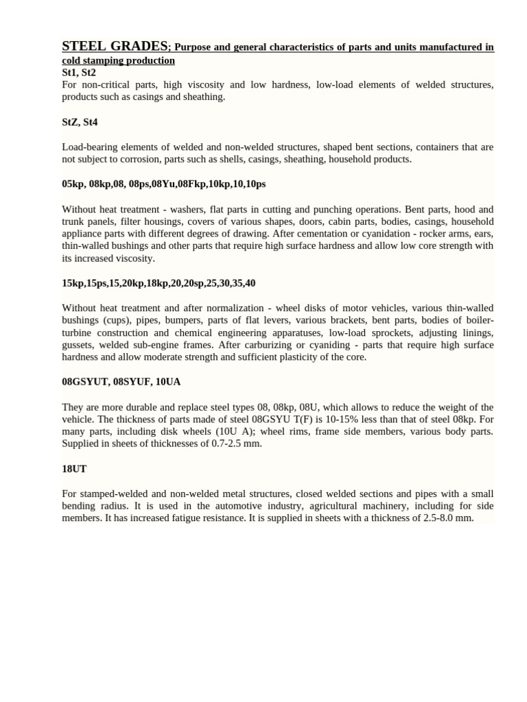 STEEL GRADES Purpose and General Characteristics of Parts and Units ...