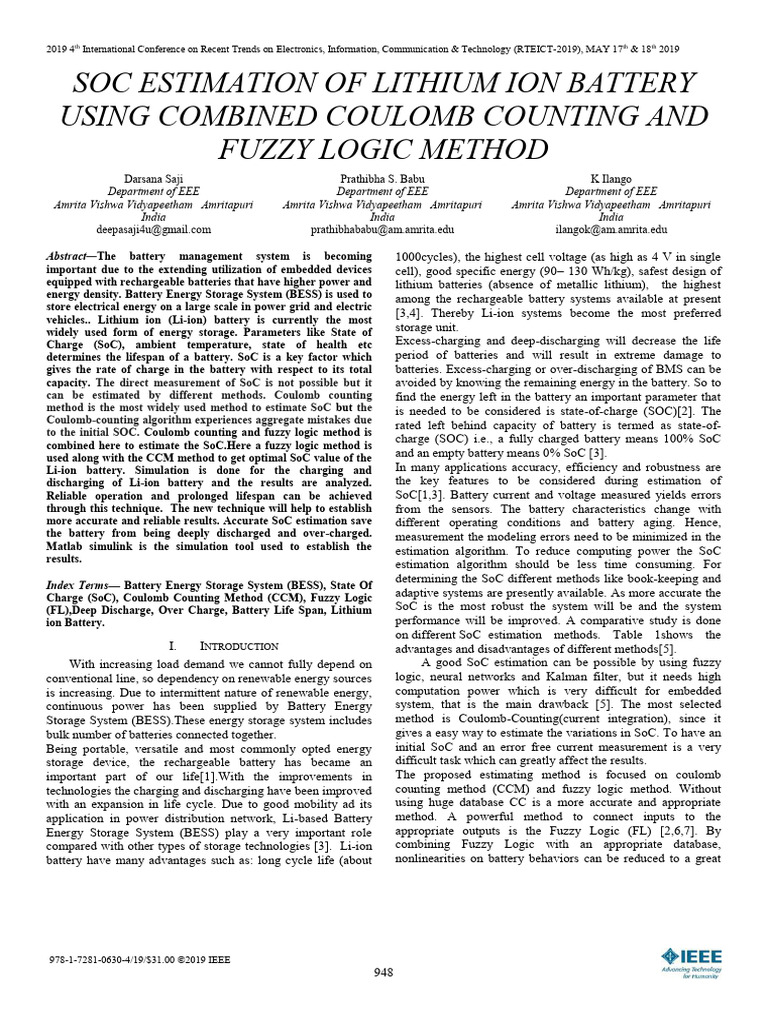Soc Estimation Of Lithium Ion Battery Using Combined Coulomb Counting And Fuzzy Logic Method