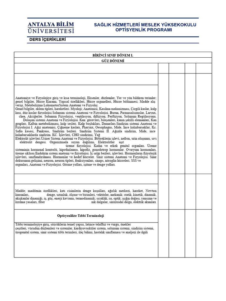 Optisyenlik Program - Ders Eri I | PDF