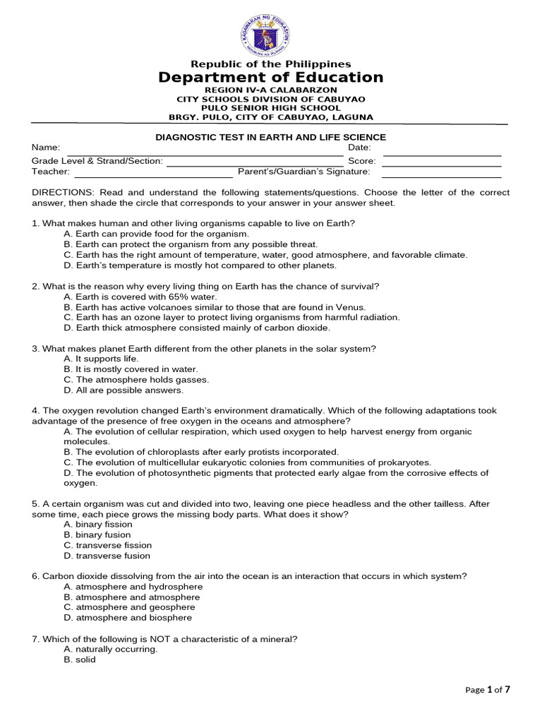 DIAGNOSTIC TEST IN EARTH AND LIFE SCIENCE - School Based | PDF | Rock ...