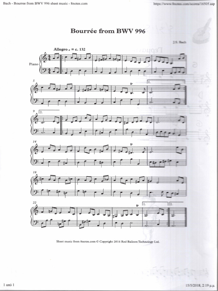 Bourree From BWV 996 | PDF